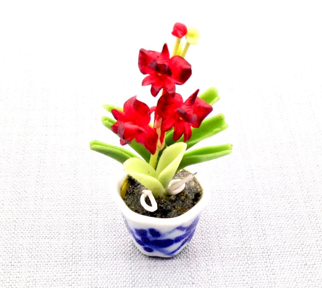 Miniature Dollhouse Flower Artificial Plant Orchid Red Green Clay ...