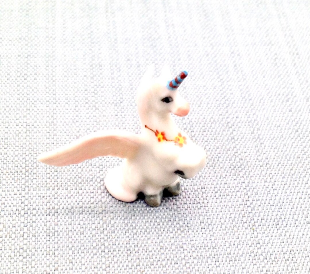 Miniature Ceramic Winged Unicorn Animal Cute Little White Pink Figurine ...