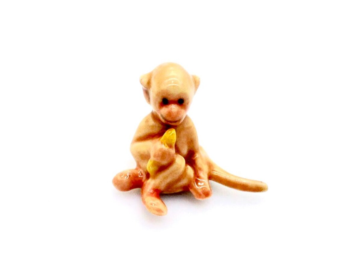 Miniature Ceramic Monkey Baboon Mini Animal Sitting Little Brown ...