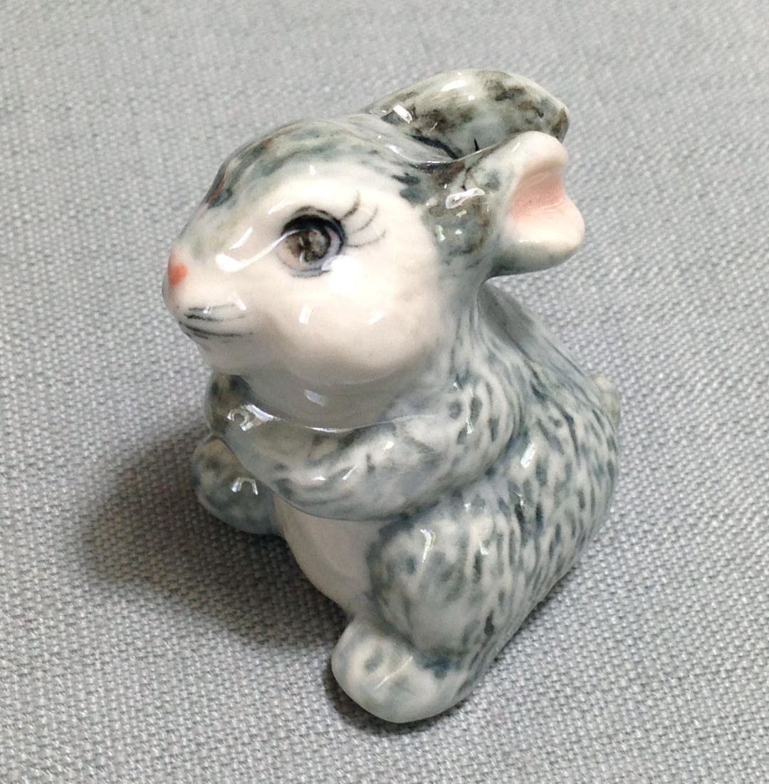 Miniature Ceramic Rabbit Bunny Animal Cute Little Grey White Figurine ...