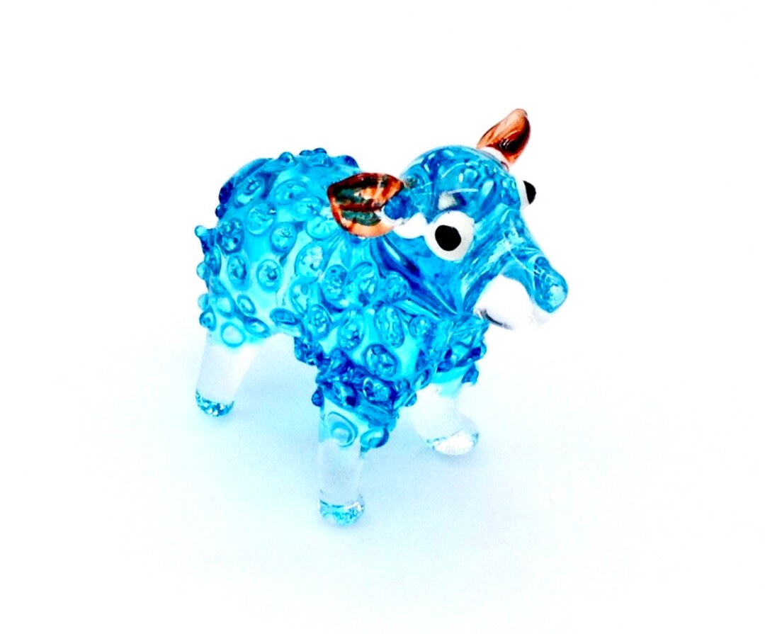 Hand Blown Glass Miniature Sheep Ram Little Farm Animal Blue Brown ...