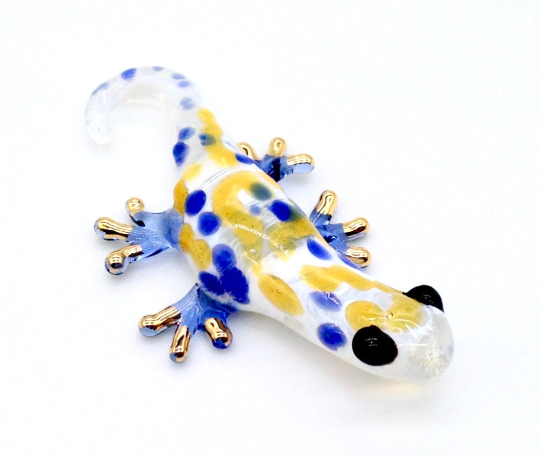 Hand Blown Glass Miniature Salamander Lizard Reptile Animal White Blue ...