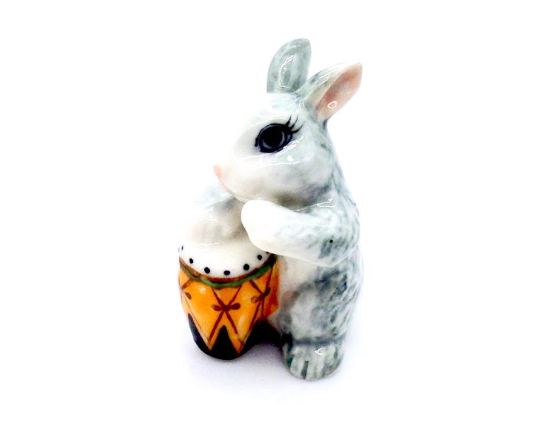 Miniature Ceramic Rabbit Bunny Playing Music Congas Drums Animal Tiny ...