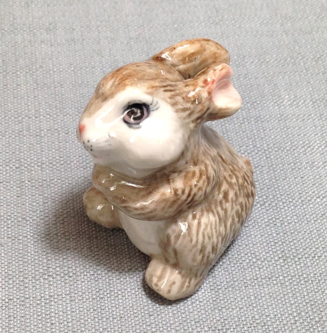 Miniature Ceramic Rabbit Bunny Funny Animal Cute Little Brown White ...