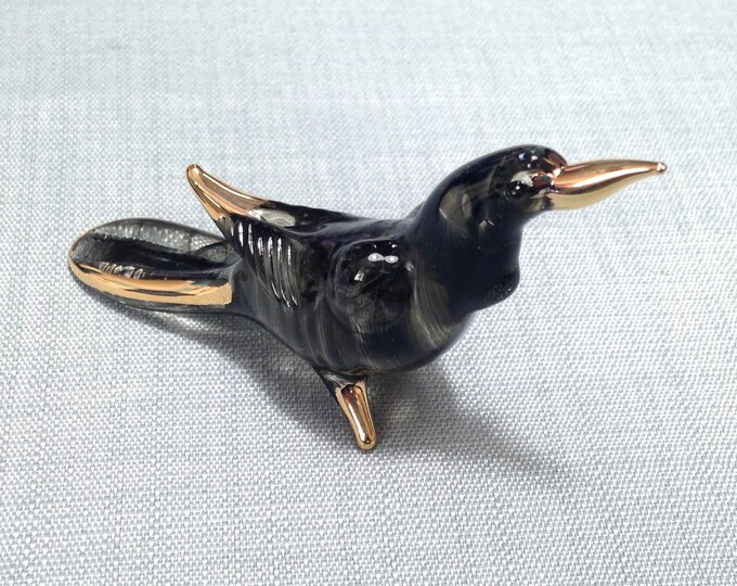 Miniature Hand Blown Glass Funny Crow Bird Animal Cute Black Gold ...