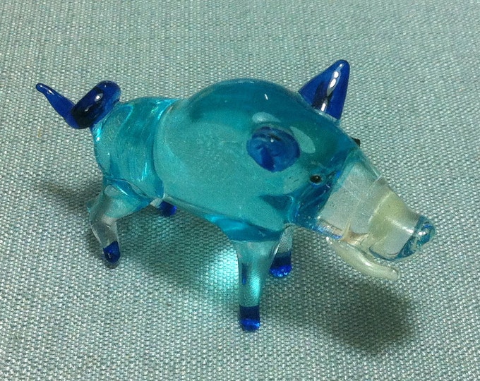 Hand Blown Glass Funny Wild Boar Pig Animal Tiny Cute Transparent Blue ...