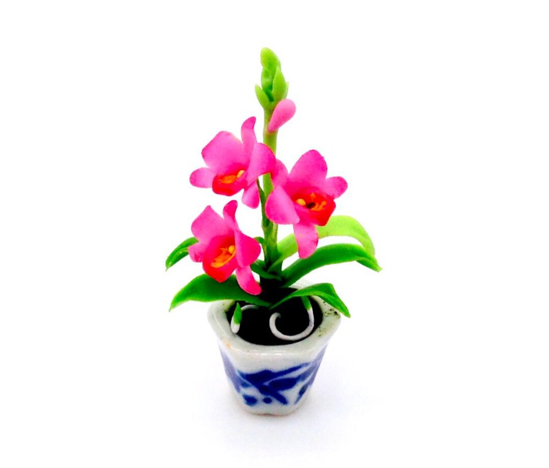 Miniature Dollhouse Flower Artificial Plant Orchid Pink Green Clay ...