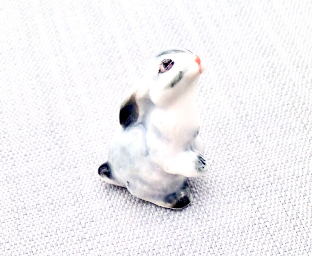 Miniature Ceramic Rabbit Bunny Animal Baby Little Funny Grey White ...