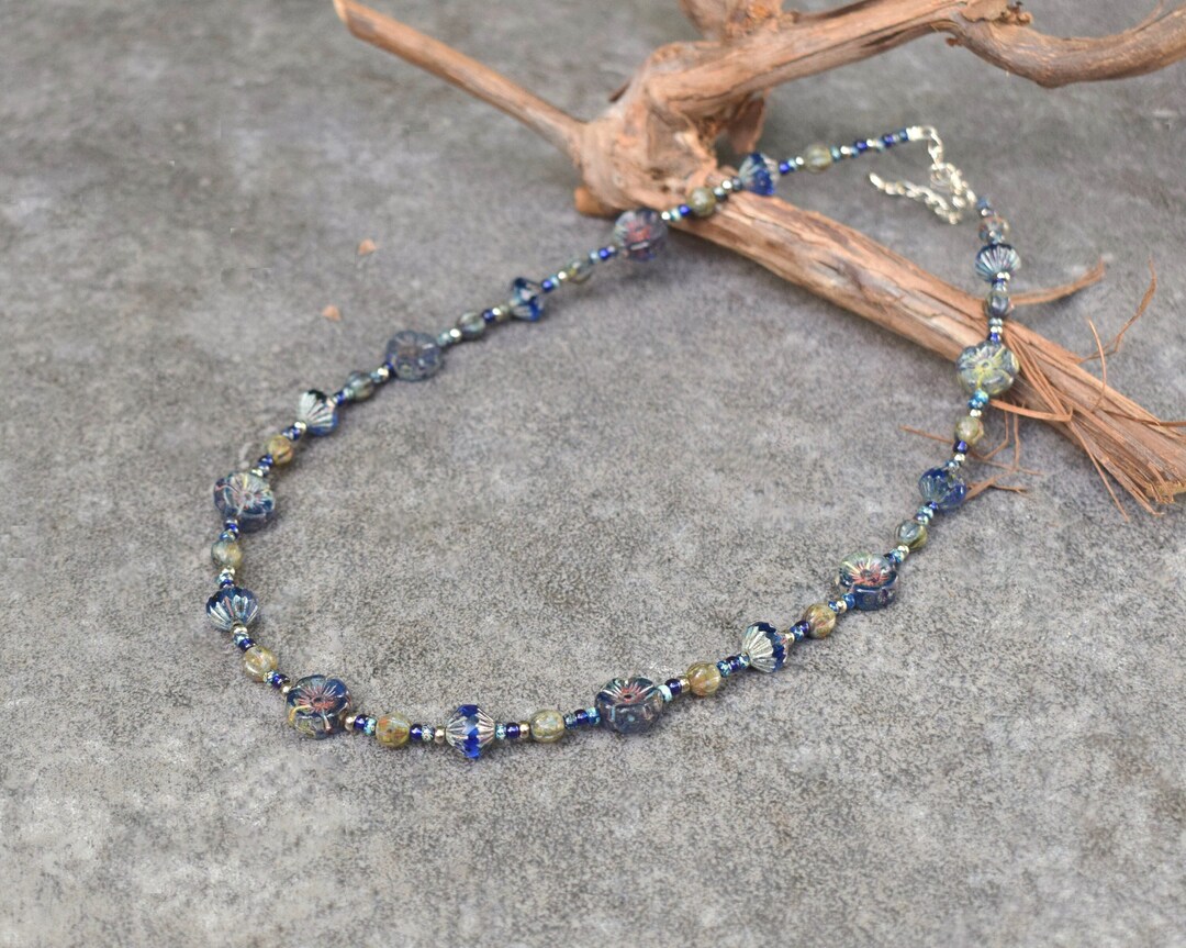 Bohemian Chic Rustic Necklace With Czech Glass, Dark Blue Flower ...