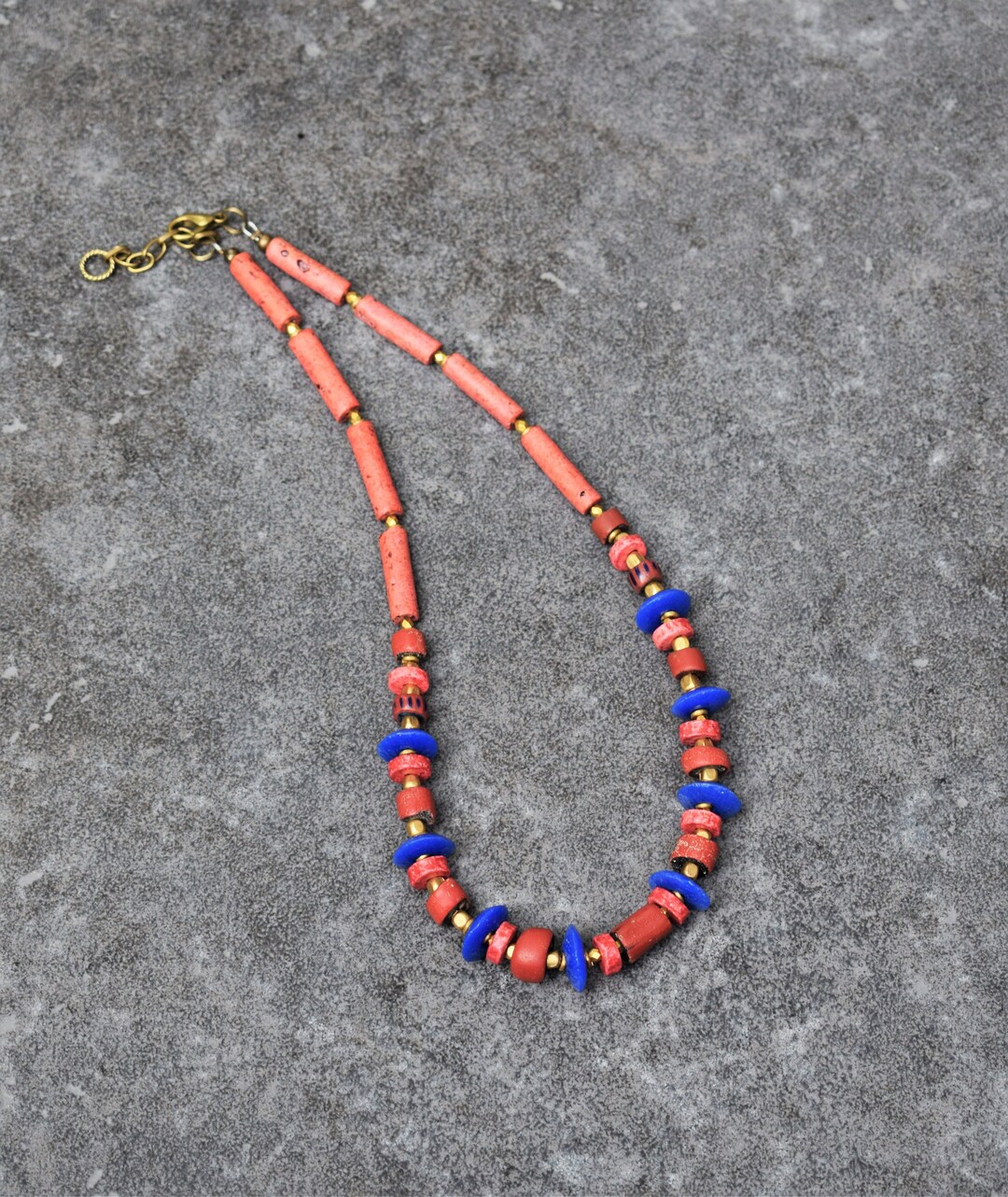 Primitive Necklace With Antique African Trade Beads, Blue Brick Red ...