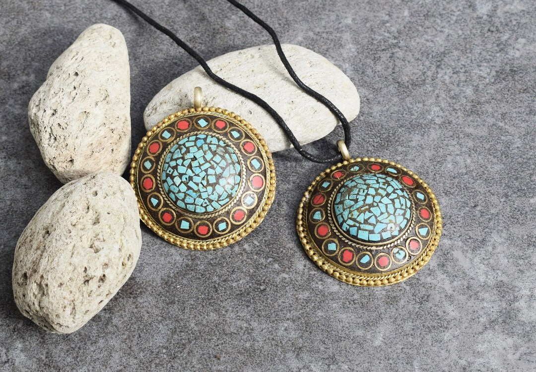 Large Nepalese Pendant 1 Pc With Mosaic Coral Turquoise Inlay, Tibetan ...