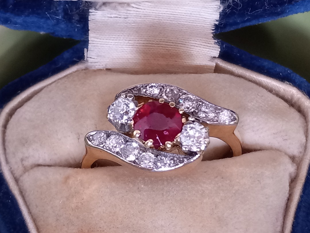 Antique Unheated Burmese Ruby and Mine Cut Diamond Ring 18k Yellow - Etsy