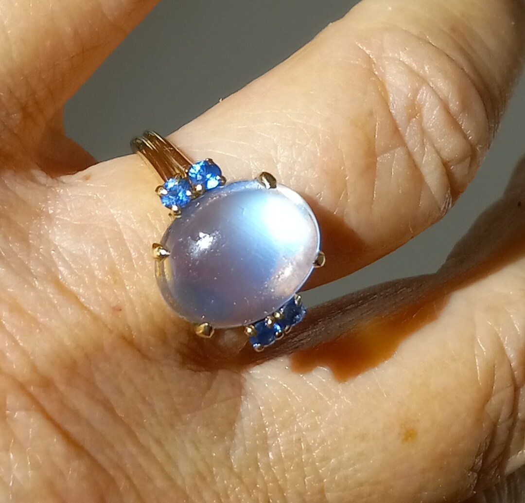 Vintage 1940's Large Blue Flash Ceylon Moonstone Ring Blue Sapphires ...