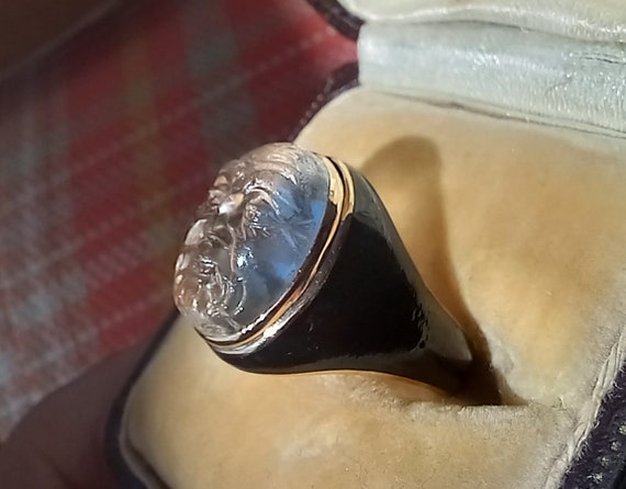 Antique Carved Moonstone Black Enamel Ring 14k Gold - Gem