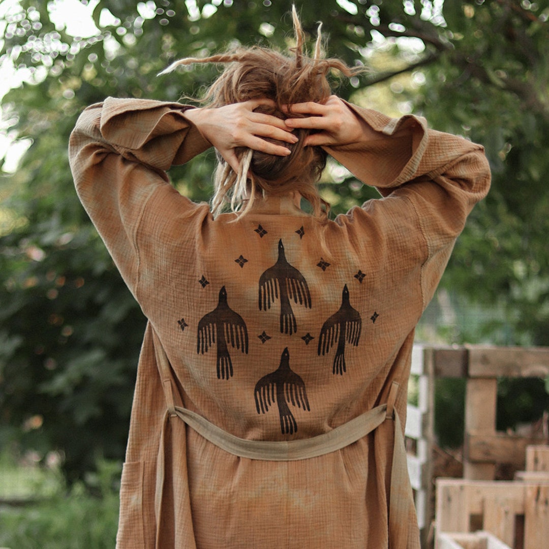 Bird Block Print Kimono Robe in Clay & Sage Handmade Chic Lounge Wear ...