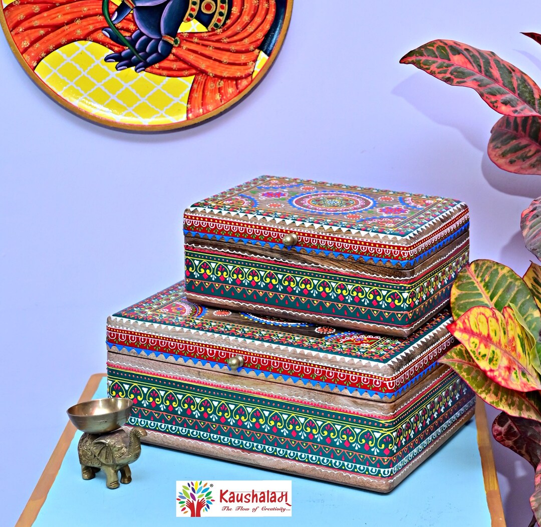 Hand Painted Mango Wood Boxes Set: Indian Treasure Chests - Etsy