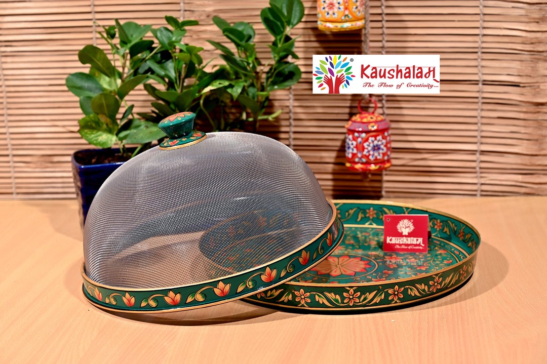 Hand Painted Cloche With Round Steel Tray, Dome Food Cover and Plate ...