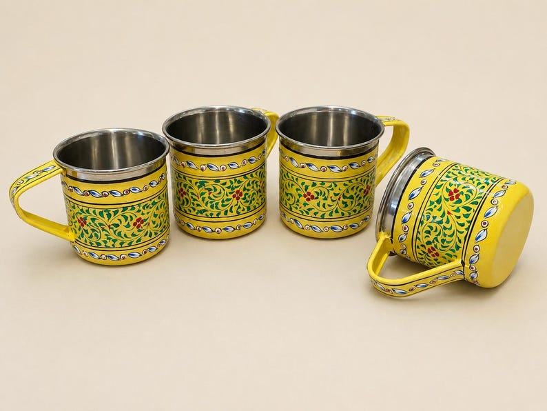 Hand-painted Mughal Art Coffee Mugs - Stainless Steel Tea Cup Set of 4 ...