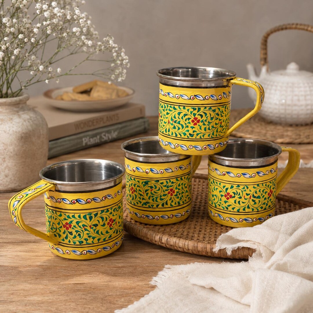 Hand-painted Mughal Art Coffee Mugs - Stainless Steel Tea Cup Set of 4 ...