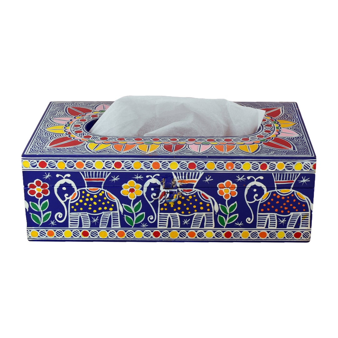 Hand Painted Wooden Tissue Box, Tissue Holder, Blue Tribal Painting ...