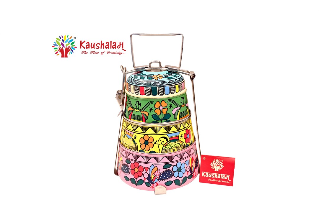 Bento Box-kaushalam Hand Painted 3 Tier Pyramid Lunch Box Tribal Folk ...
