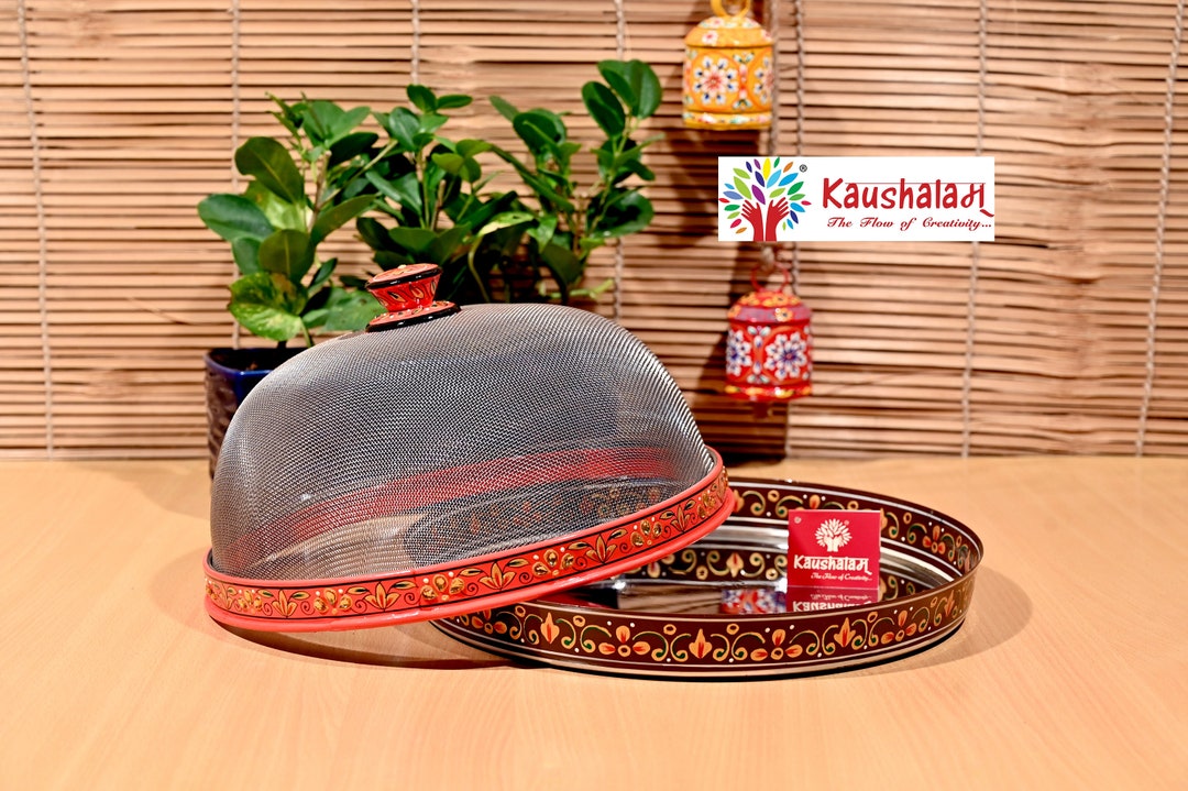 Hand Painted Cloche With Round Steel Tray: Dome Food Cover of Wire Mesh ...