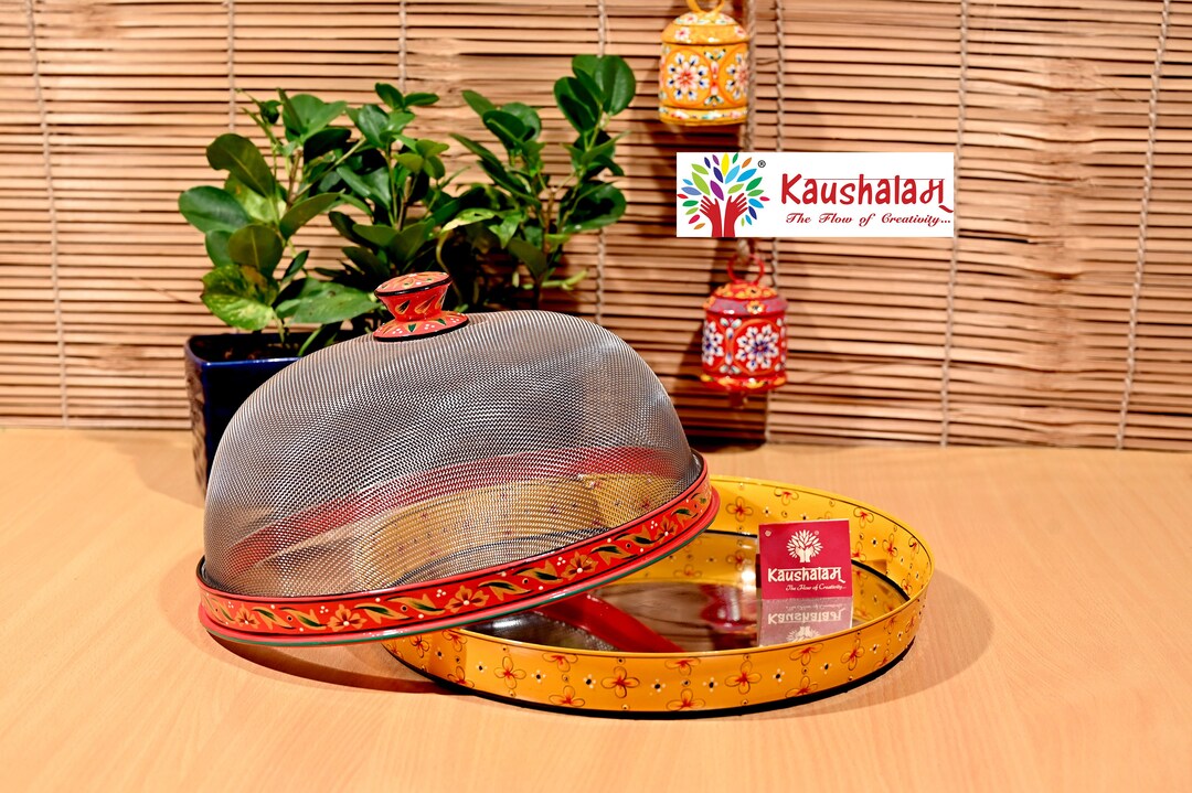 Hand Painted Cloche Mesh Food Screen Bug Cover and Round Steel Tray ...