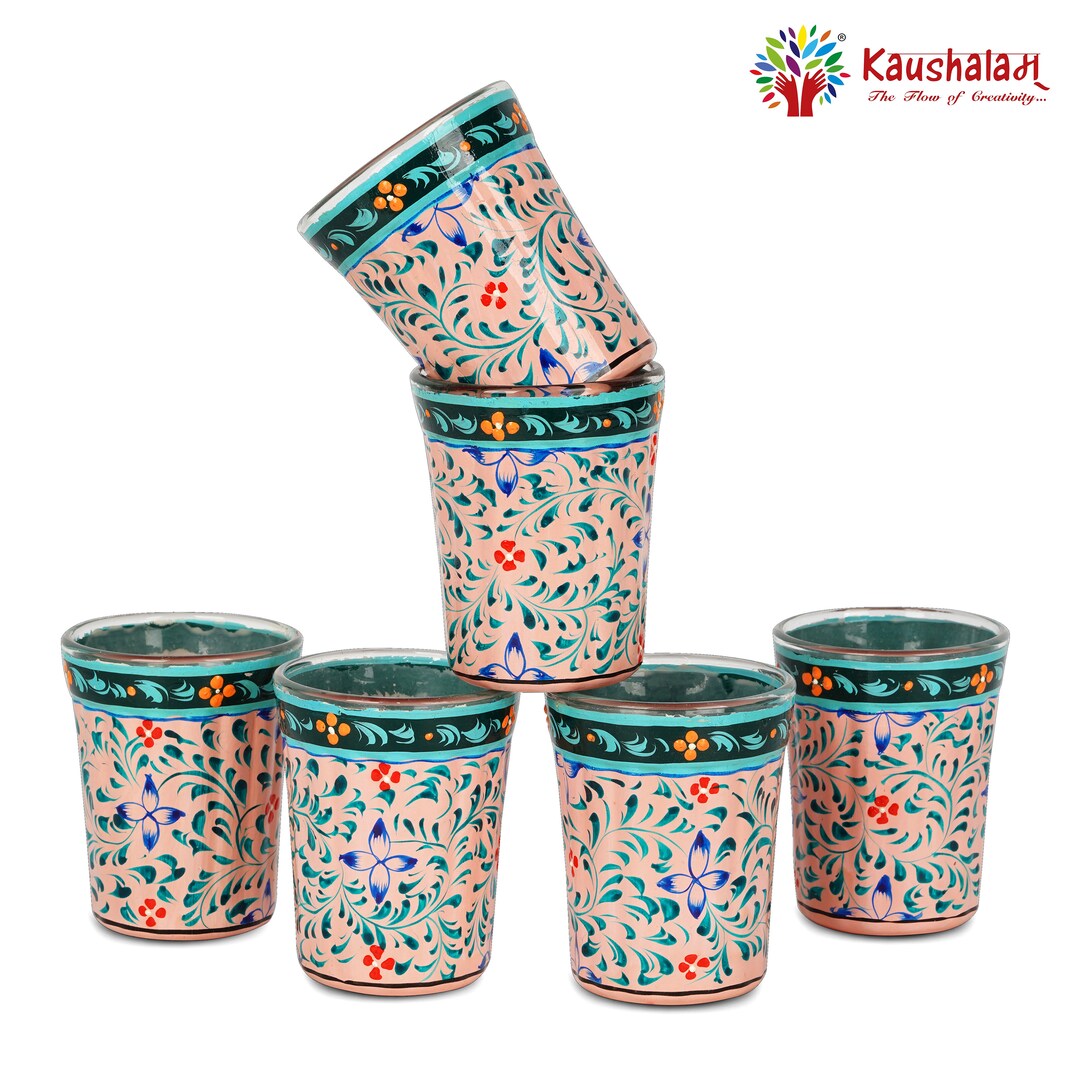 Hand Painted Tea Glasses Set of Six Cutting Chai Glass, Pink City Tea ...