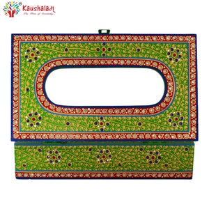 Hand Painted Wooden Tissue Box, Tissue Holder, Green Embossed Mughal ...
