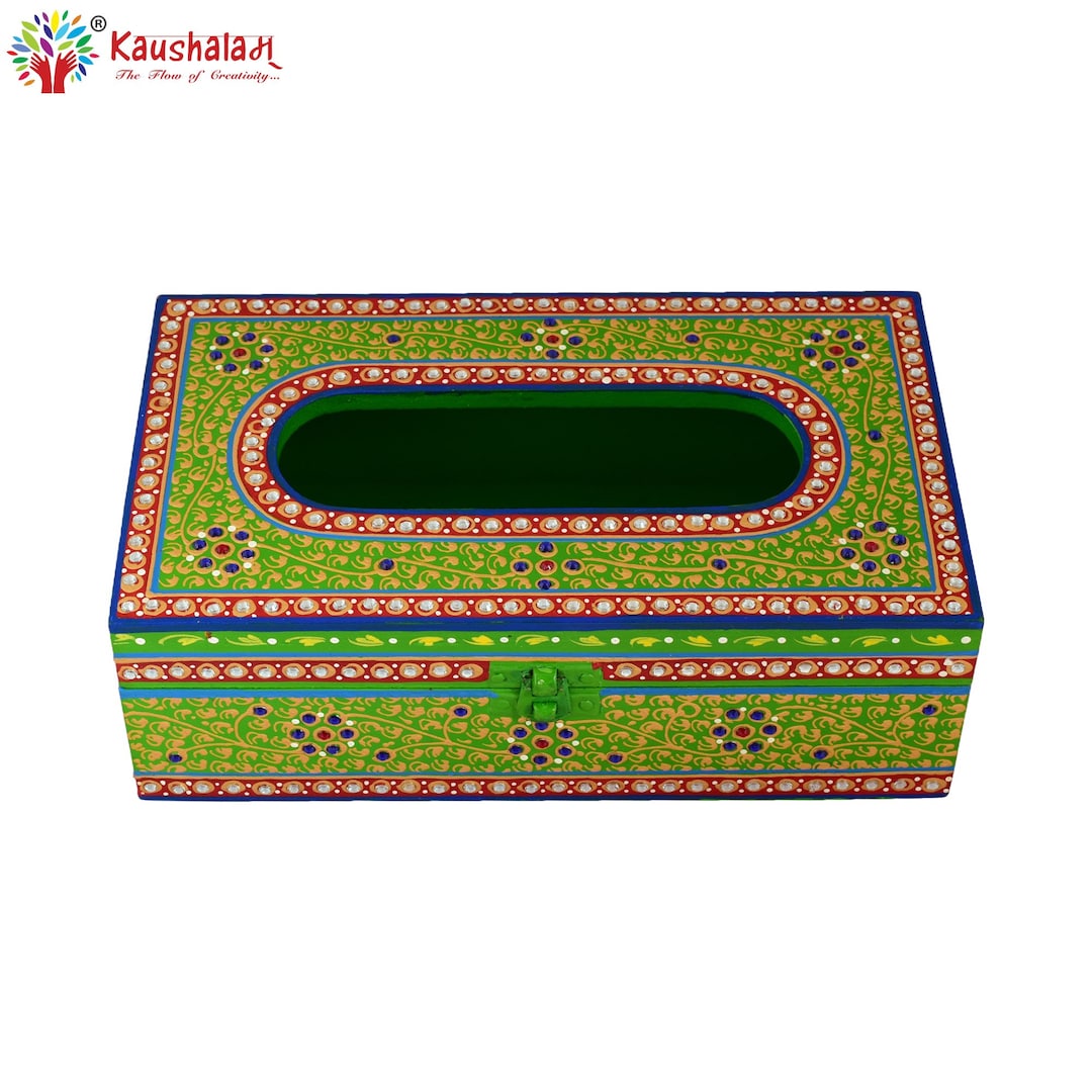 Hand Painted Wooden Tissue Box, Tissue Holder, Green Embossed Mughal ...