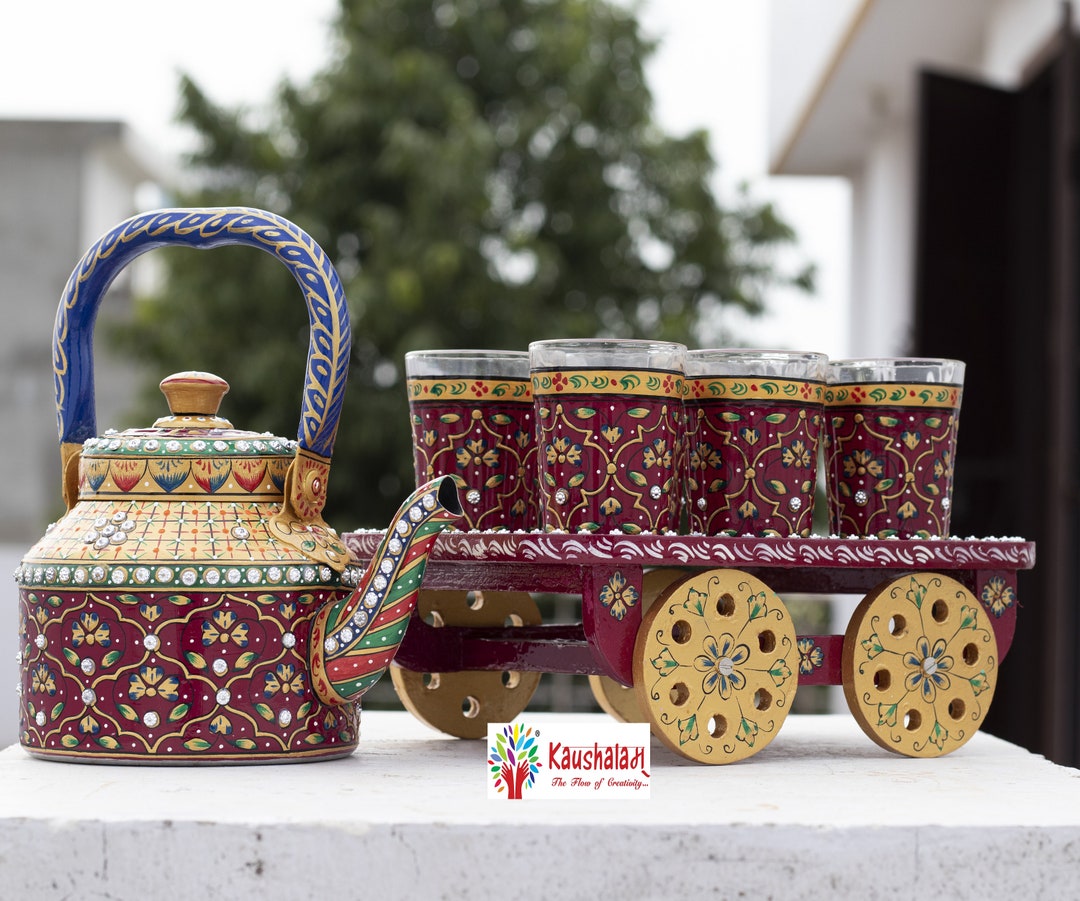 Hand Painted Tea Cart Set -" Aafreen" Steel Kettle, 6 Glasses ,tea Cart ...