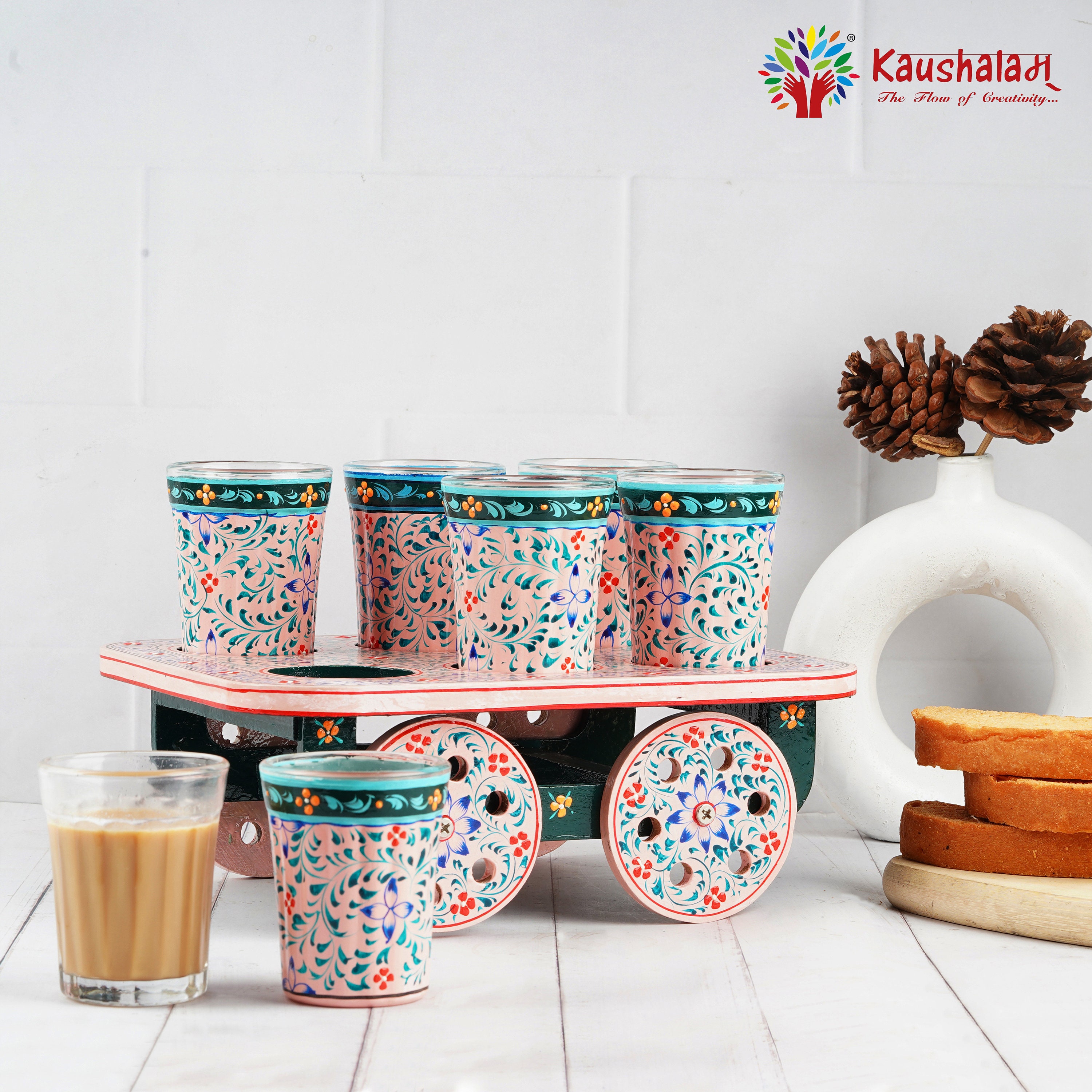 Hand Painted Tea Set: Stainless Steel Kettle, Moving Cart, Mughal Art ...