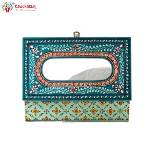 Hand Painted Wooden Tissue Box, Tissue Holder, Green Embossed Mughal ...