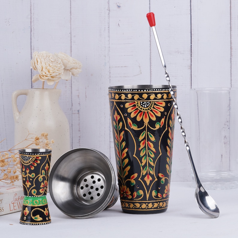 Hand Painted Cocktail Shaker Set: Stainless Steel Barware, Black Magic ...