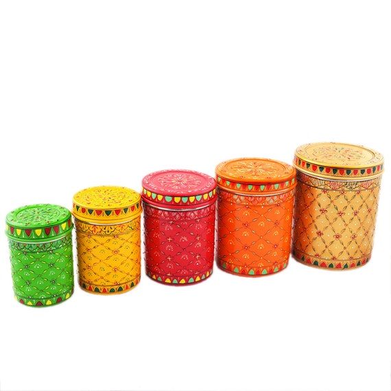 Hand Painted Canister Set of 5 Containers: Storage Steel Jars - Etsy
