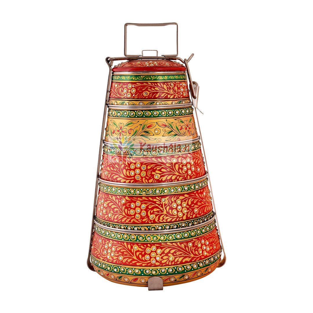 Hand Painted 5 Tier Steel Pyramid Tiffin, Lunch Box, Meal for Family ...