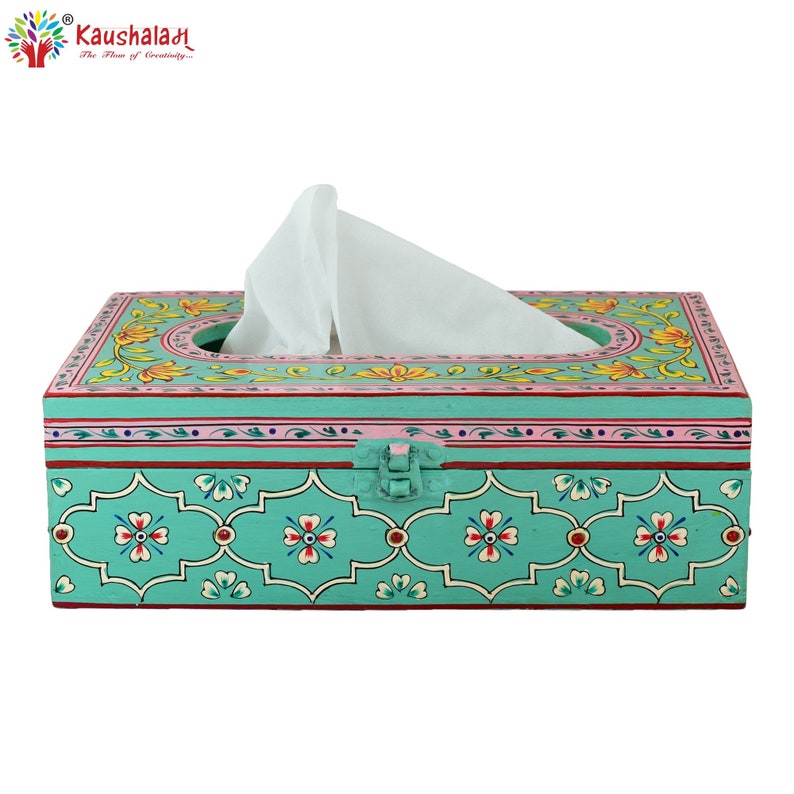 Hand Painted Tissue Box: Aqua Green Mughal Art, Wooden Tissue Holder - Etsy