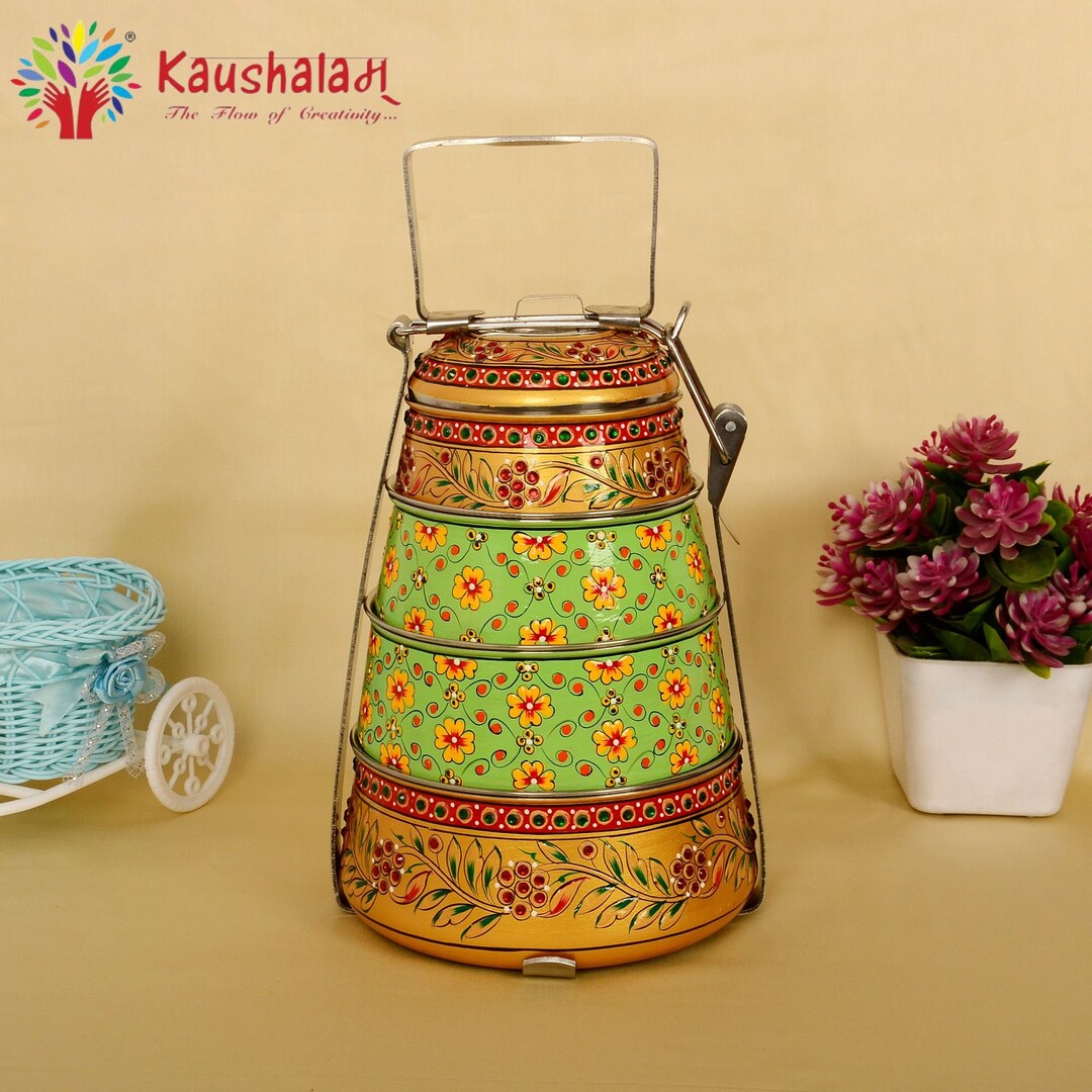 Kaushalam Hand Painted 4 Tier Steel Pyramid Tiffin: Golden & Parrot ...