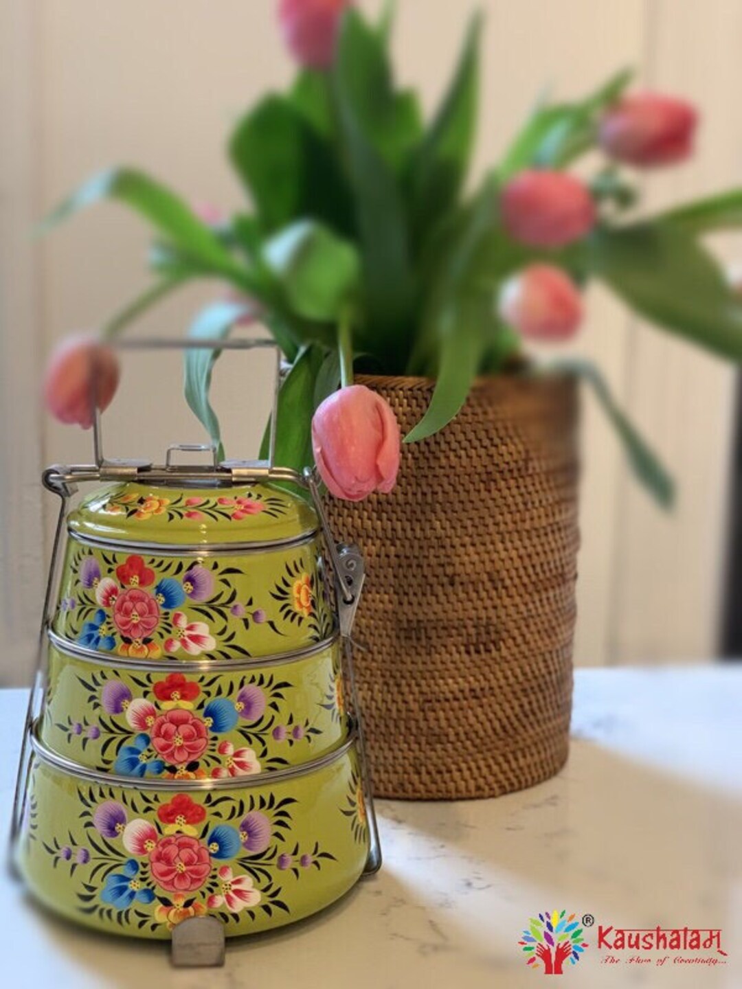Hand Painted 3 Tier Pyramid Lunch Box Floral Design, Indian Tiffin ...