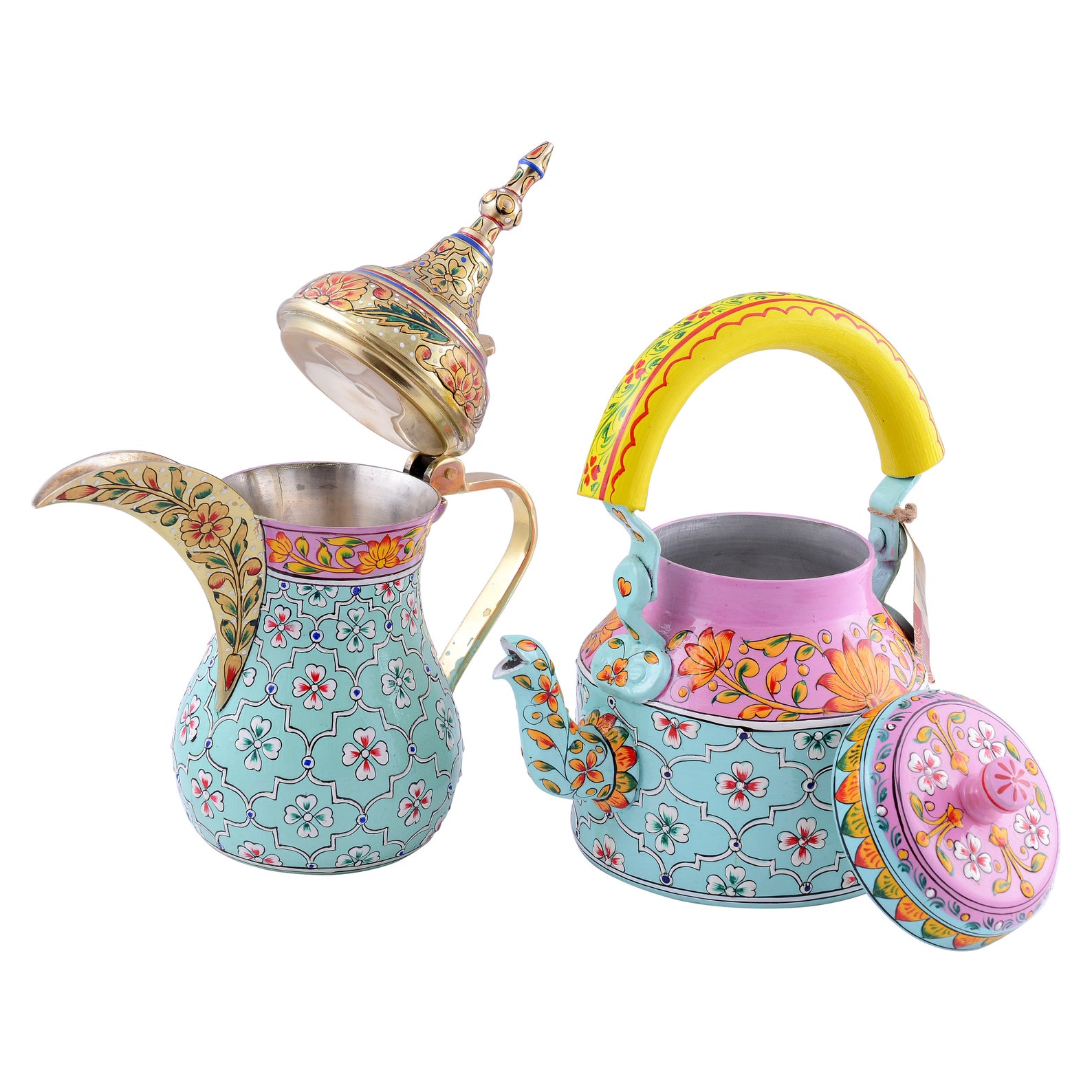 Hand Painted Brass Coffee Pot Set: Arabic Dallah & Tea Kettle - Etsy