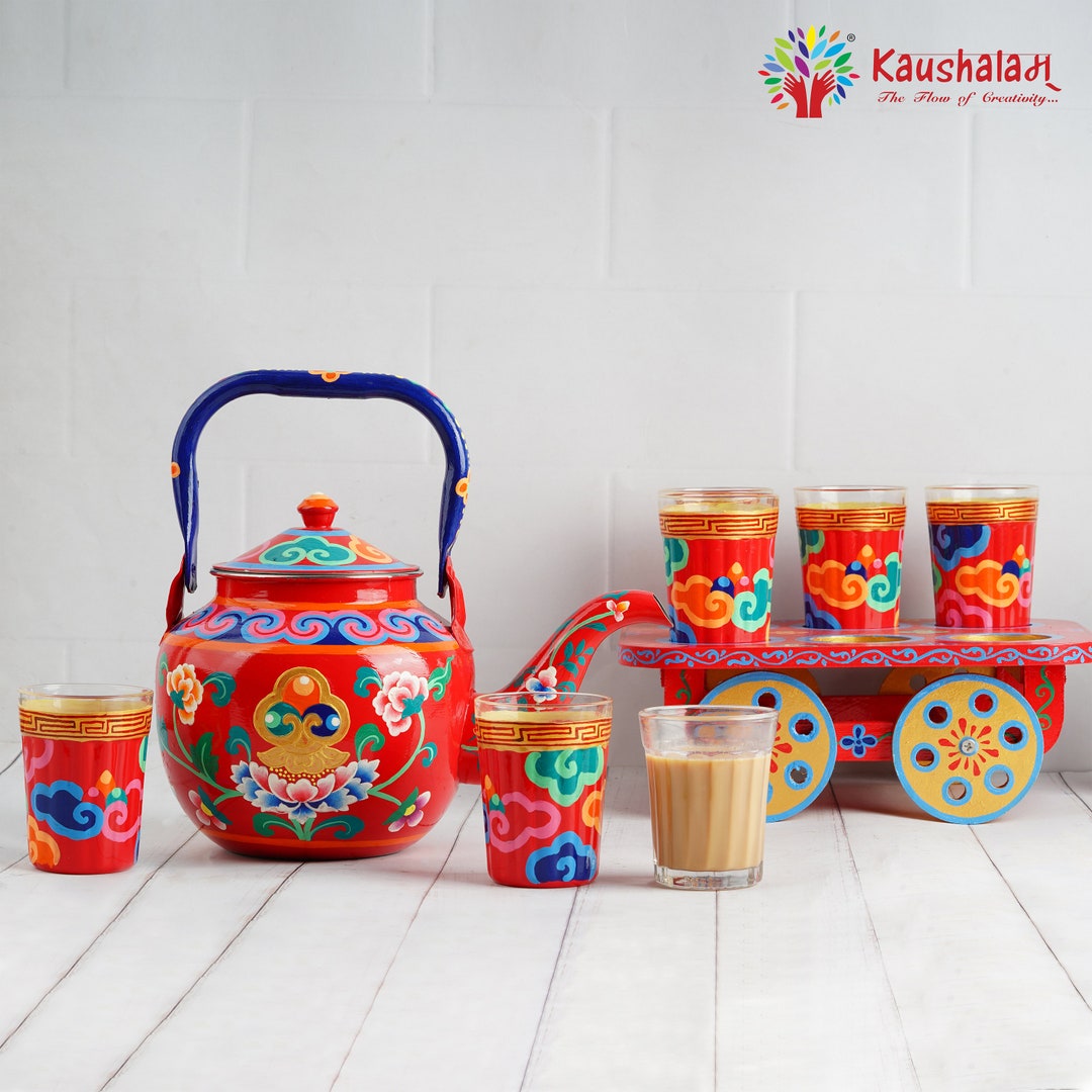 Hand Painted Red Tea Set Induction Stove Steel Tea Kettle With Tea Cart ...