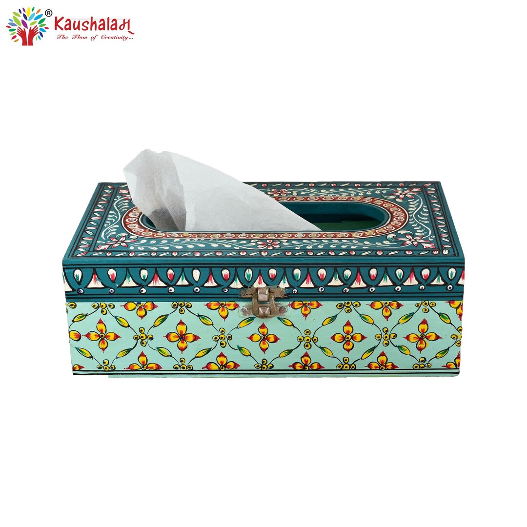 Hand Painted Wooden Tissue Box, Tissue Holder, Green Embossed Mughal ...