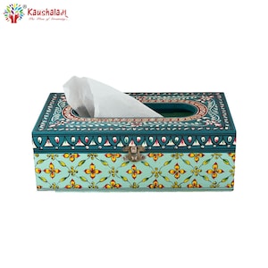 Hand Painted Wooden Tissue Box, Tissue Holder, Green Embossed Mughal ...