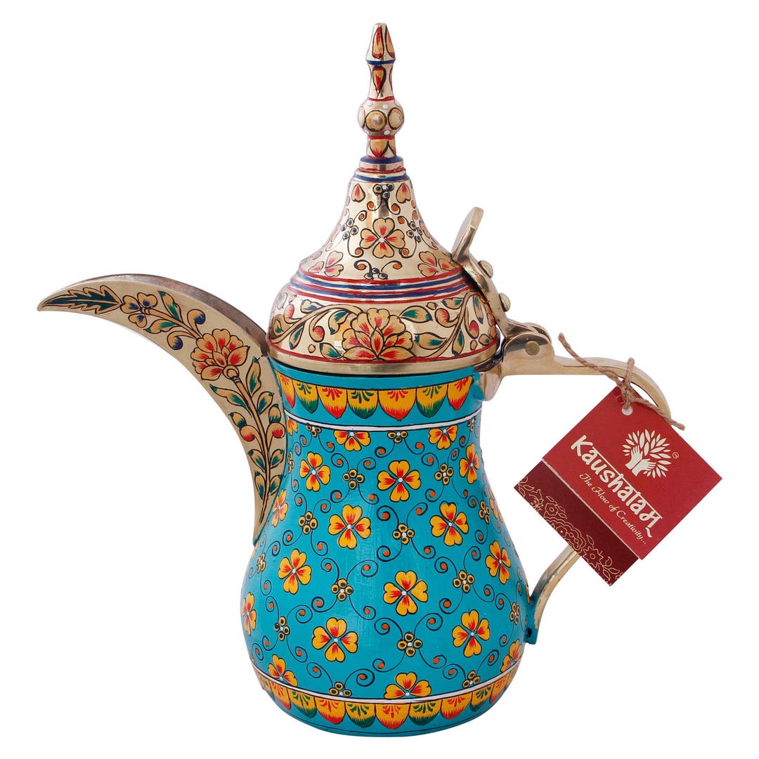 Hand Painted Brass Arabic Coffee Pot: Turquoise Kashmiri Kahawa Dallah ...