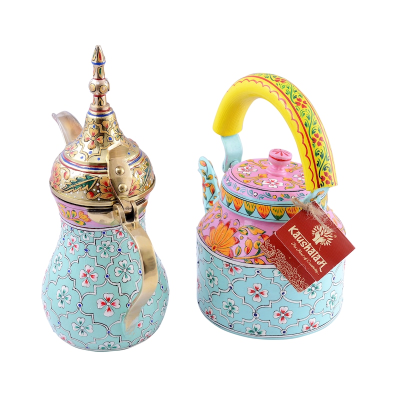 Hand Painted Brass Coffee Pot Set: Arabic Dallah & Tea Kettle - Etsy