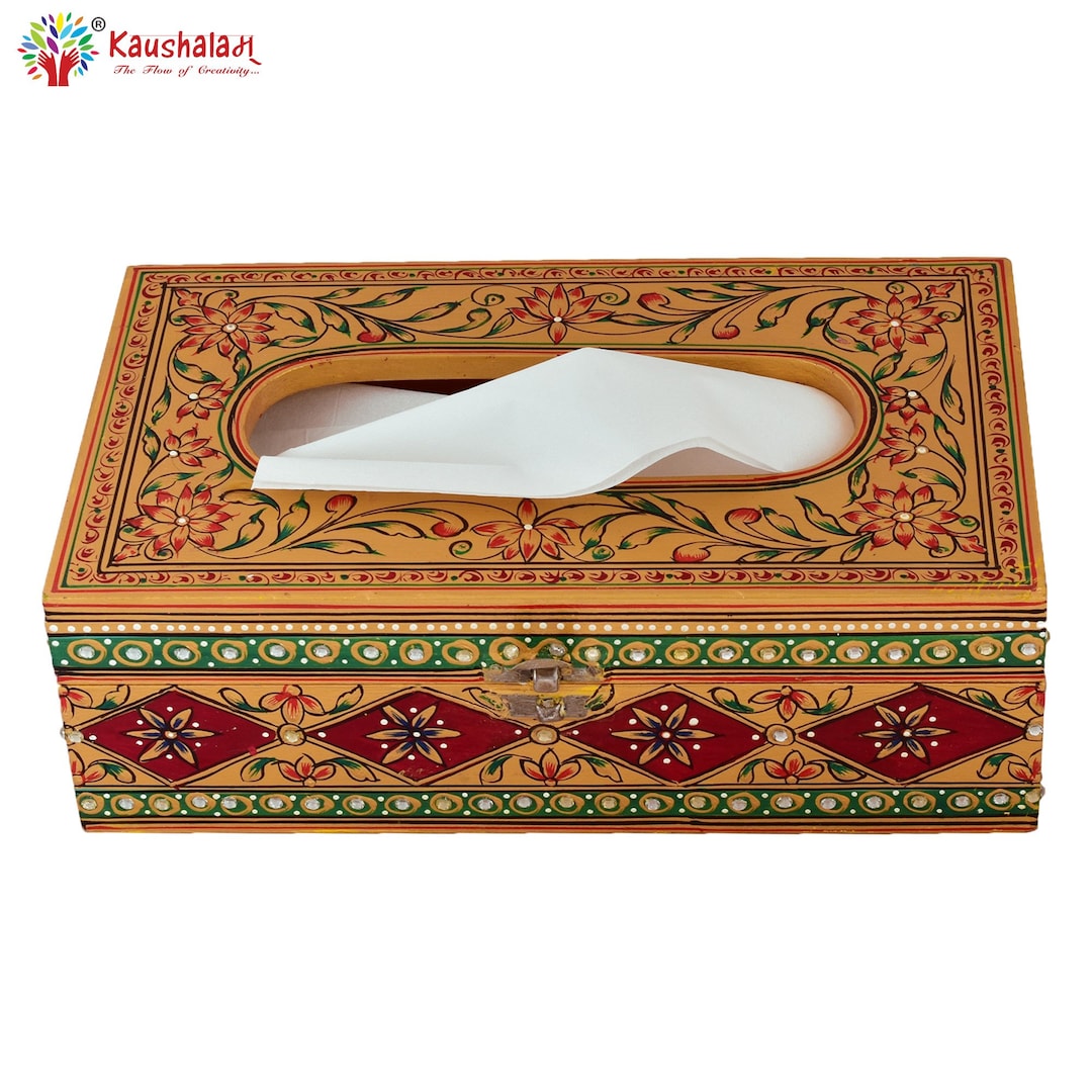 Hand Painted Wooden Tissue Box, Tissue Holder, Gold& Red Embossed ...