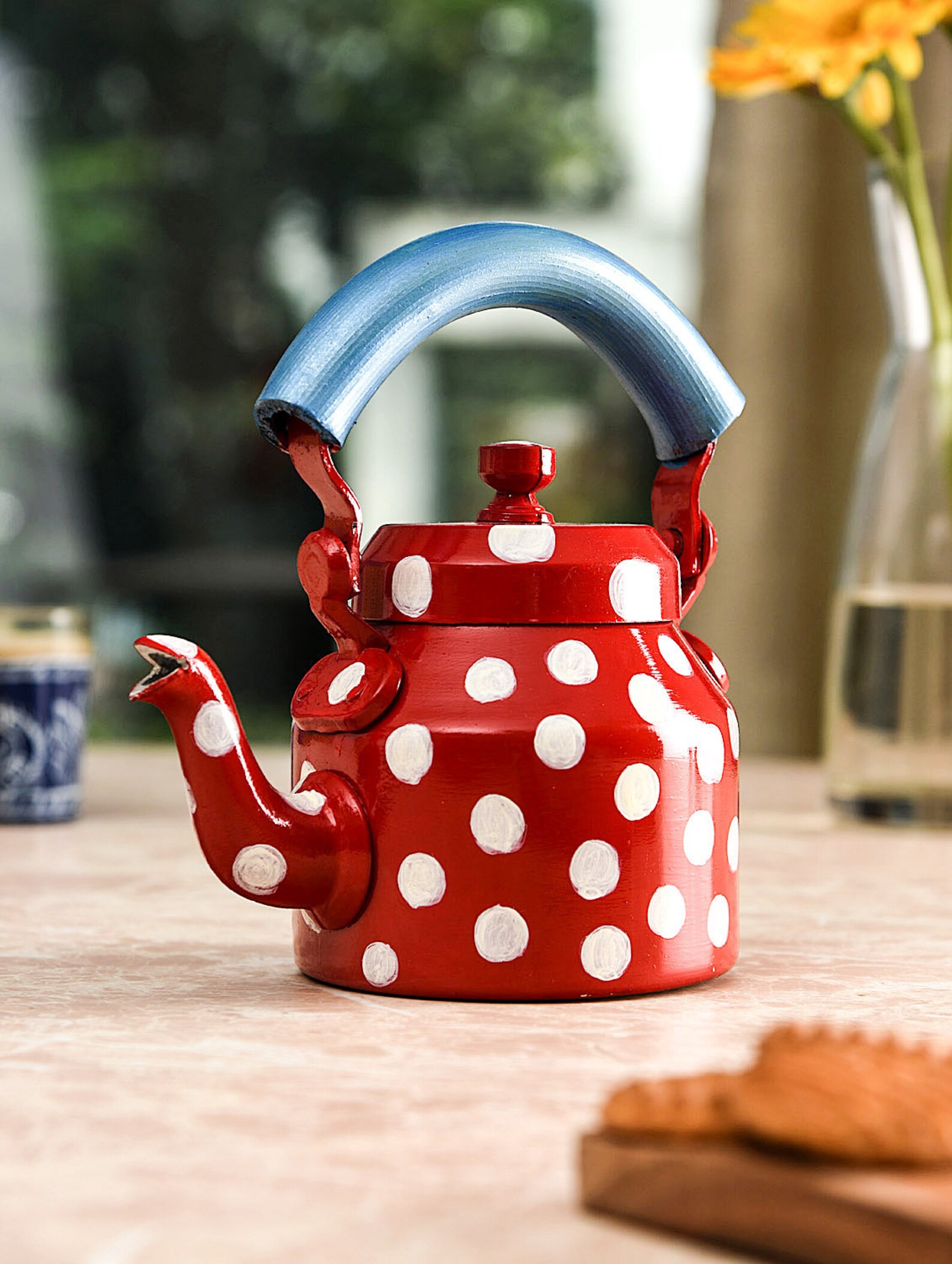 Kaushalam Hand Painted Polka Dot Tea Kettle: Red Tea Pot for Serving ...
