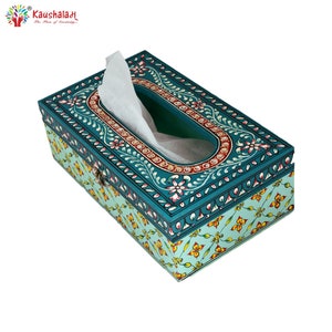 Hand Painted Wooden Tissue Box, Tissue Holder, Green Embossed Mughal ...