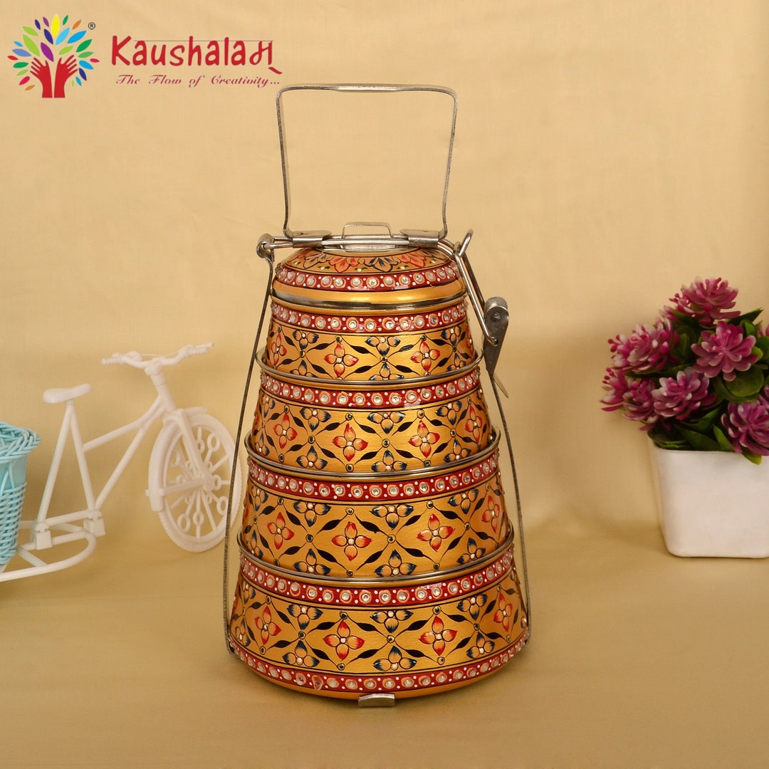 Hand Painted 4 Tier Lunch Box Stainless Steel Pyramid Tiffin: Golden ...