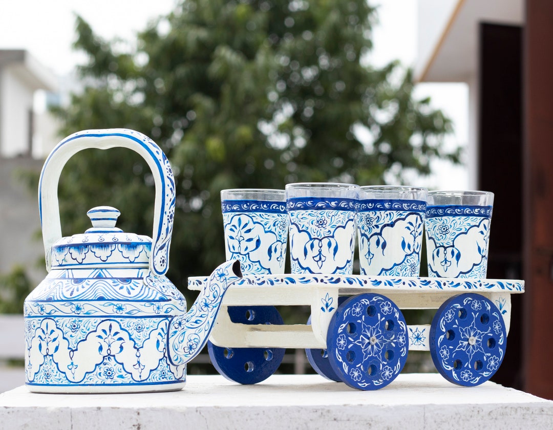 Hand Painted Tea Set With Tea Cart, Induction Friendly Steel Kettle,6 ...